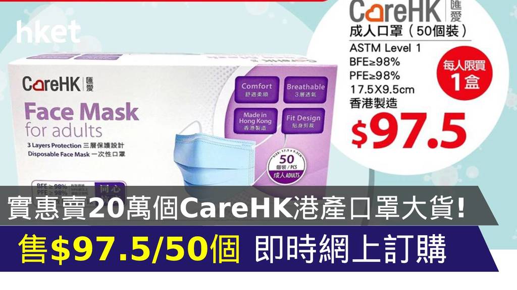 實惠開售 20 萬個CareHK 港產口罩大貨! 售$97.5/50個 即時網上訂購 - 香港經濟日報 - 中小企 - 行內熱話 - D200501