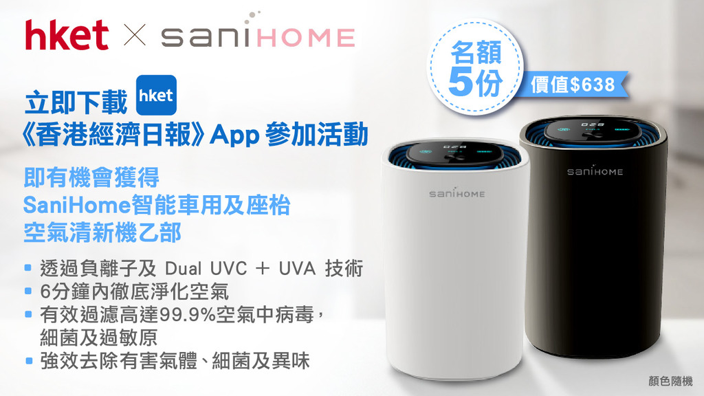 hket x SaniHome 智能車用及座枱空氣清新機乙部 (價值:HK$638)│立即參加