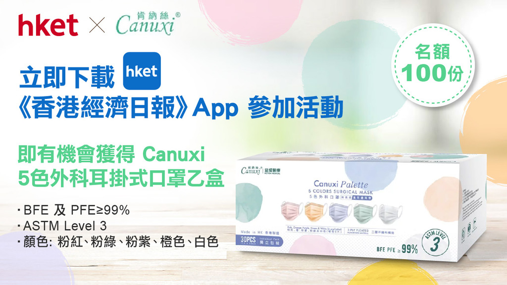 hket x Canuxi 5色外科耳掛式口罩 ASTM Level 3乙盒 (價值HK$90) │立即參加
