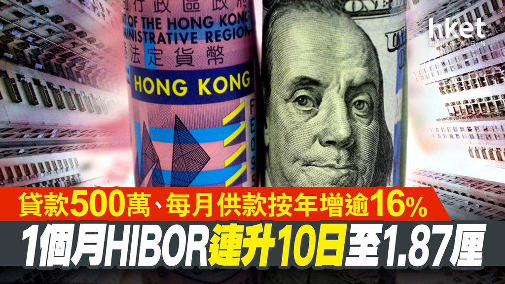 【港元拆息】與樓按相關1個月HIBOR連升10日至1.87厘 貸款500萬、每月供款按年增逾16%