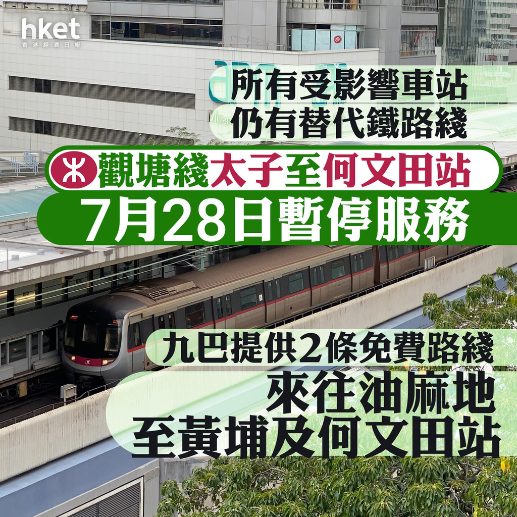 港鐵66｜港鐵：7月28日觀塘綫太子至何文田站暫停服務、若天氣惡劣順延一周 九巴有2條免費路綫來往油麻地至黃埔及何文田站
