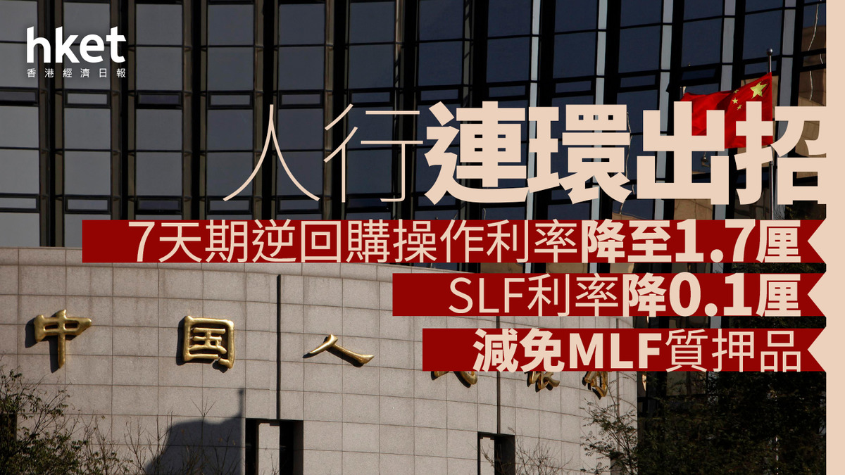 中國救市｜人行連環出招：7天期逆回購操作利率降至1.7厘、SLF利率降0.1厘、減免MLF質押品 分析：打破長債息下行與預期轉弱的負向循環