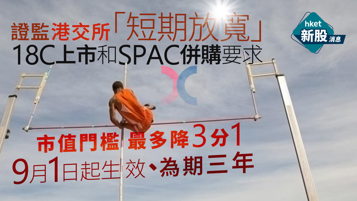 新股IPO放寬｜證監港交所「短期放寬」18C上市和SPAC併購要求 市值門檻最多降3分1 9月1日起生效、為期三年