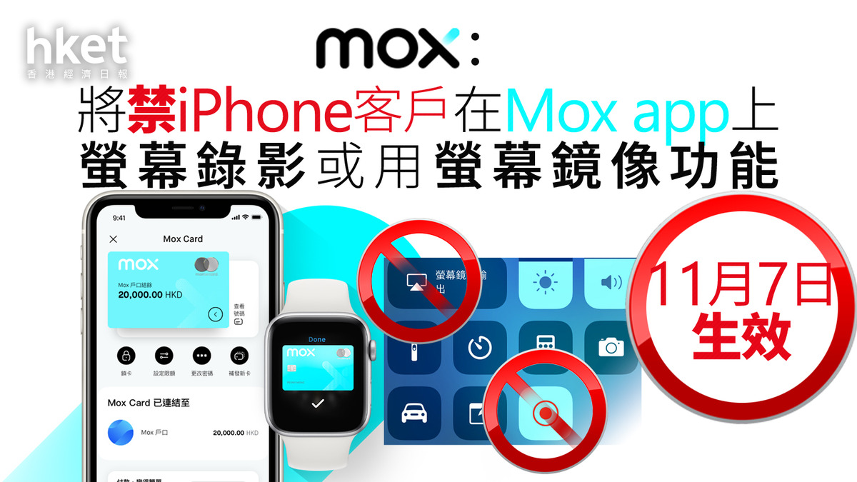 數字銀行｜Mox：將禁iPhone客戶在Mox app上螢幕錄影或用螢幕鏡像功能 11月7日生效