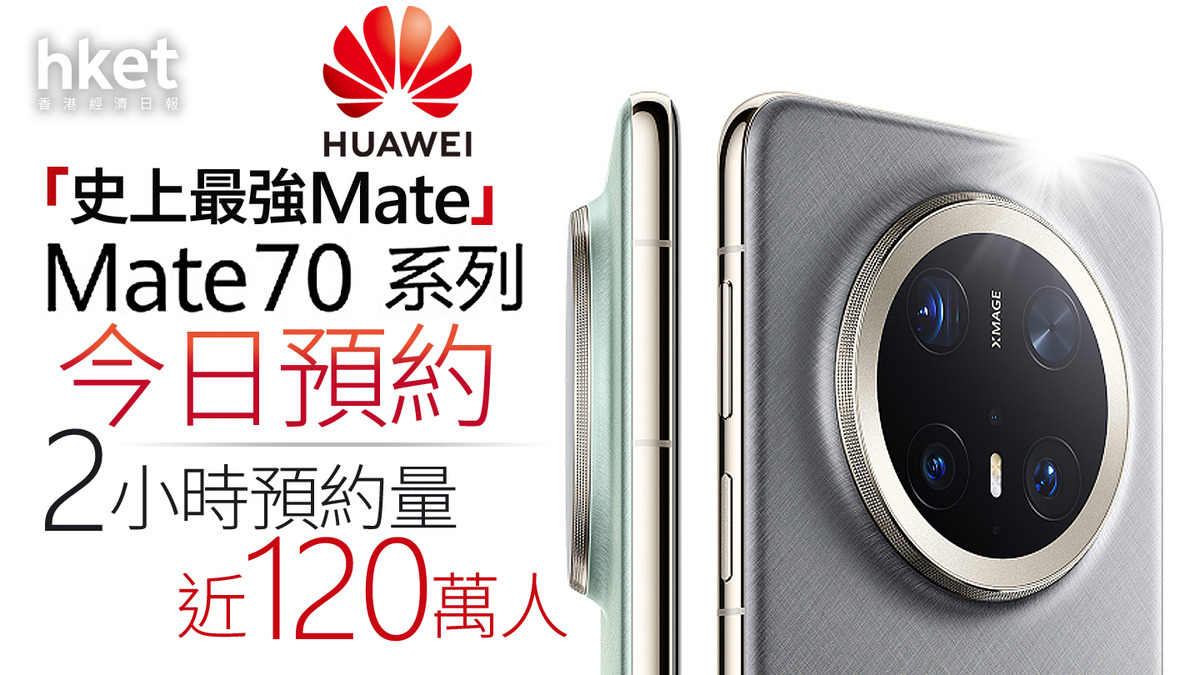 華為手機｜Mate70系列今日預約 「史上最強Mate」、2小時預約量近120萬人