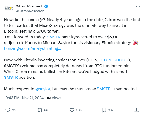 MSTR｜比特幣第一股MicroStrategy遭香櫞沽空狙擊、單日高位急插27%後盤前反彈5% 「邊看好BTC，邊用MSTR對沖」