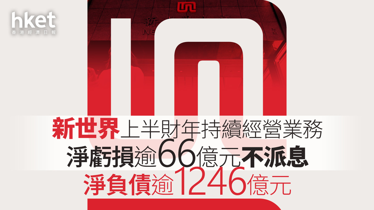 鄭家純家族｜新世界上半財年持續經營業務淨虧損逾66億元不派息 淨負債逾1246億元 黃少媚：中港樓市需時恢復
