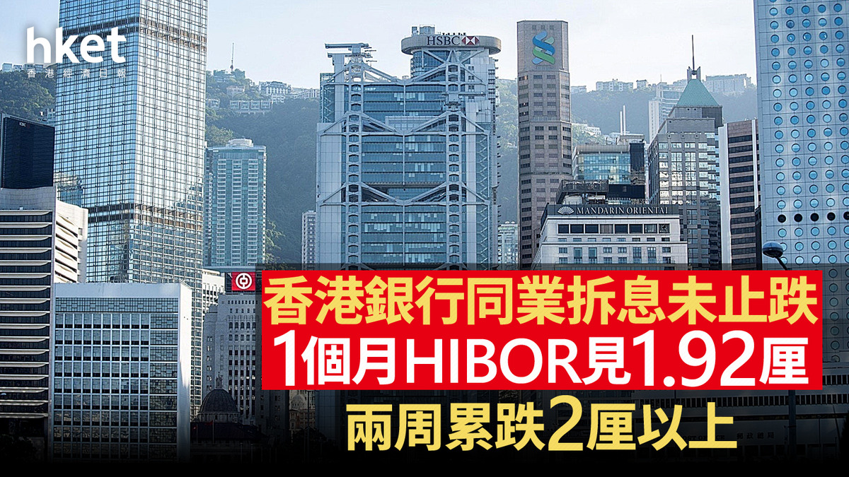 HIBOR下跌｜香港銀行同業拆息未止跌 1個月HIBOR見1.92厘、兩周累跌2厘以上